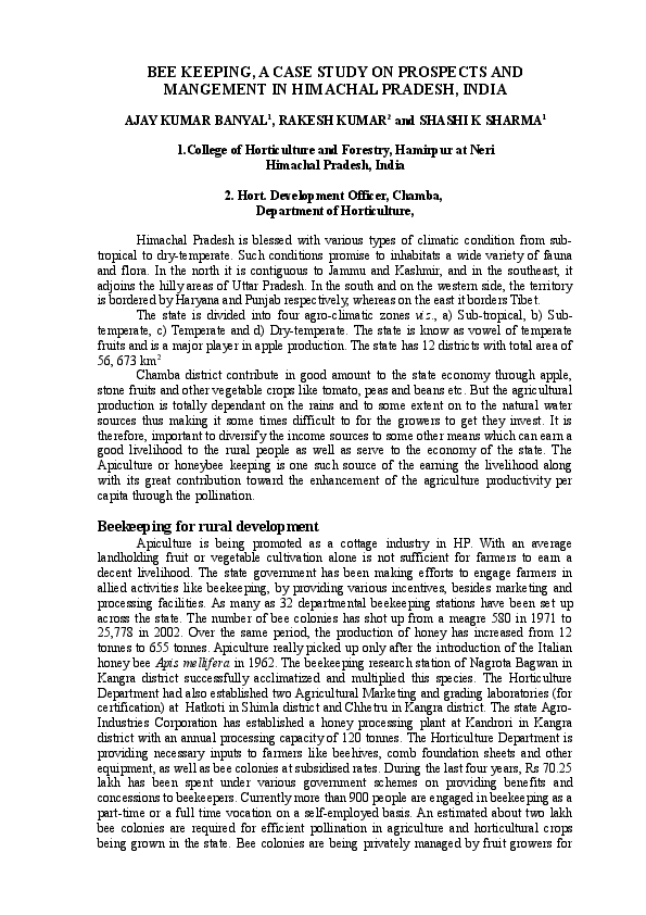 (DOC) BEE KEEPING, A CASE STUDY ON PROSPECTS AND MANGEMENT IN HIMACHAL ...