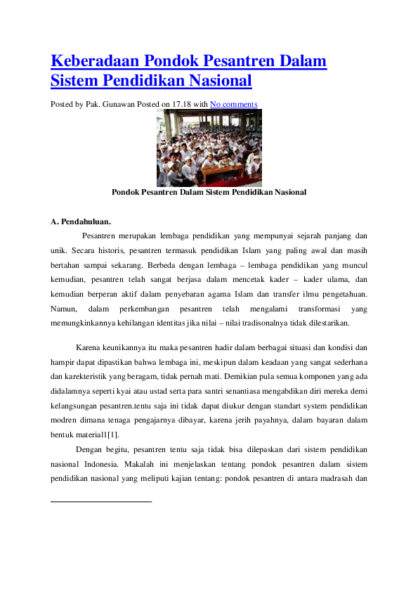 Keberadaan Pondok Pesantren Dalam Sistem Pendidikan Nasional