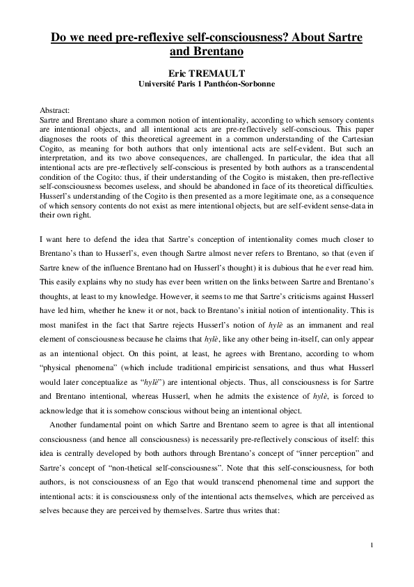 « Do we need pre-reflective self-consciousness? About Sartre and Brentano