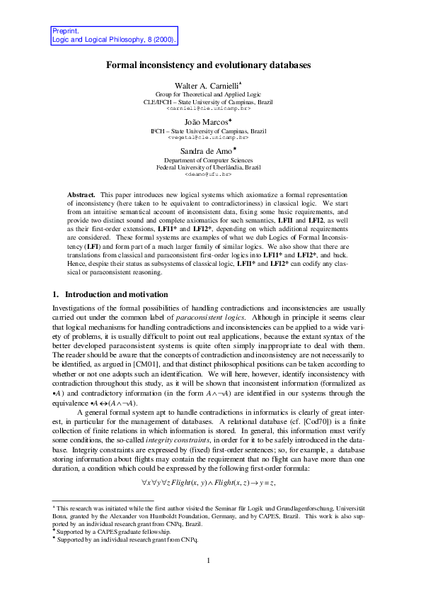 (PDF) Formal inconsistency and evolutionary databases