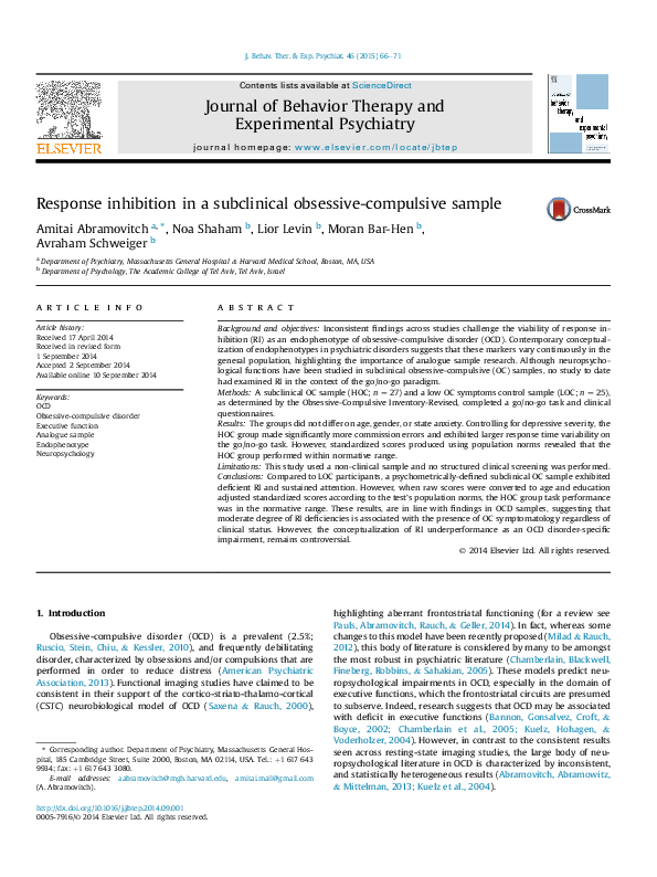(PDF) Response inhibition in a subclinical obsessive-compulsive sample