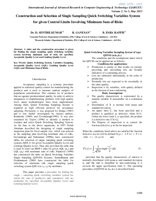 (PDF) Construction and Selection of Single Sampling Quick Switching Variables System for given ...