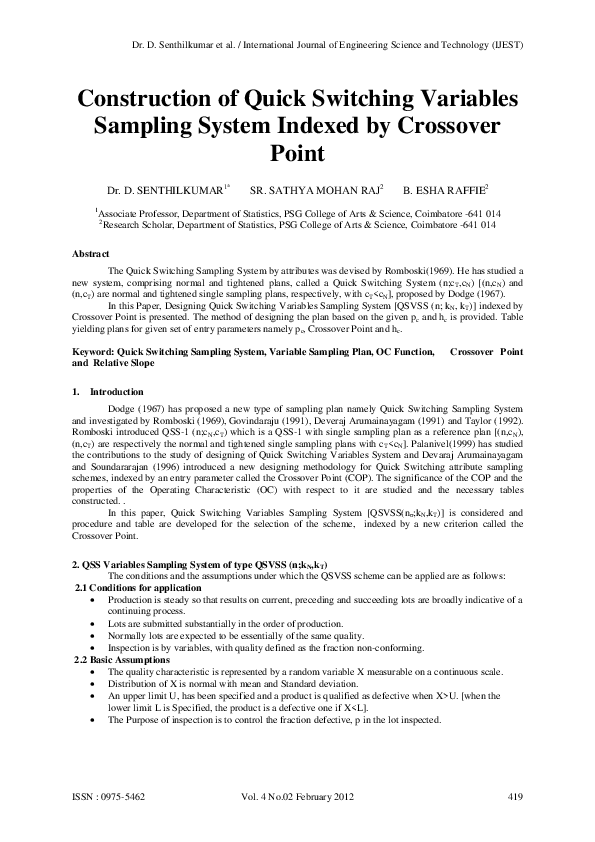 Pdf Construction Of Quick Switching Variables Sampling System Indexed By Crossover Point