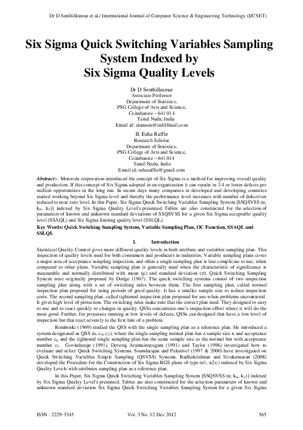 (PDF) Six Sigma Quick Switching Variables Sampling System Indexed by Six Sigma Quality Levels