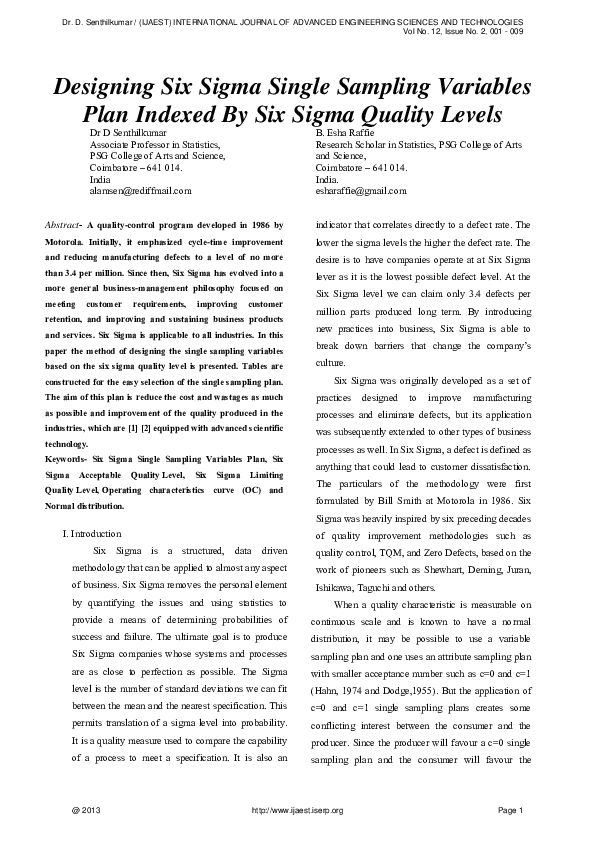 (PDF) Designing Six Sigma Single Sampling Variables Plan Indexed By Six Sigma Quality Levels
