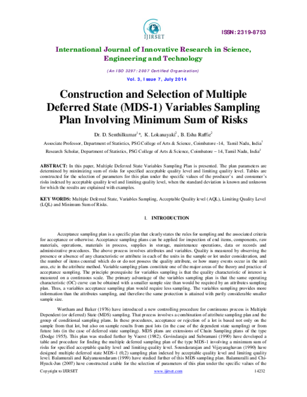 (PDF) Construction and Selection of Multiple Deferred State (MDS-1) Variables Sampling Plan ...