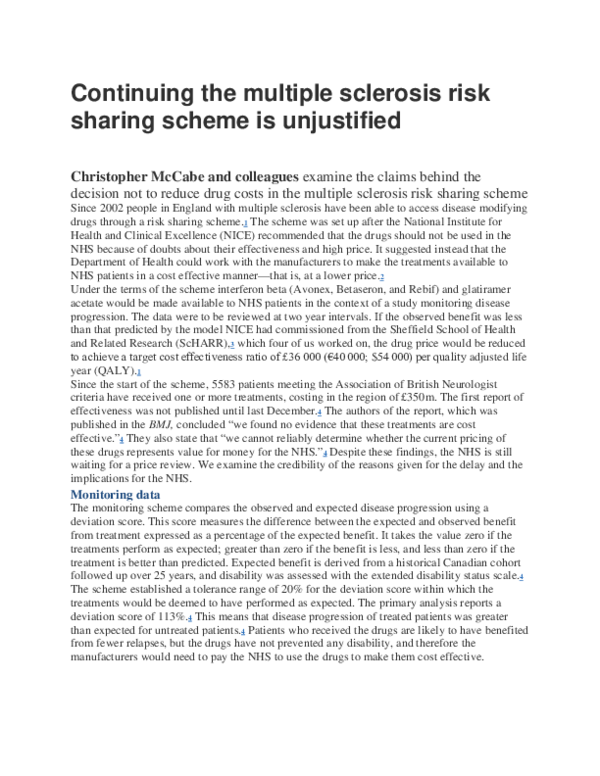(PDF) Continuing the multiple sclerosis risk sharing scheme is unjustified.