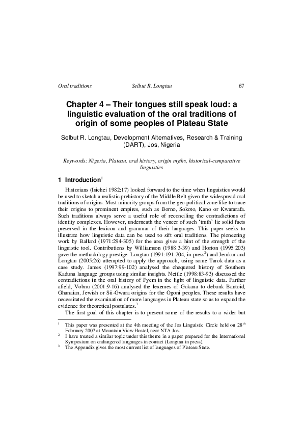 (PDF) Linguistic assessment of oral traditions of origin of some ...