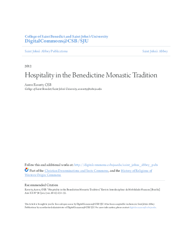 (PDF) Hospitality in the Benedictine Monastic Tradition