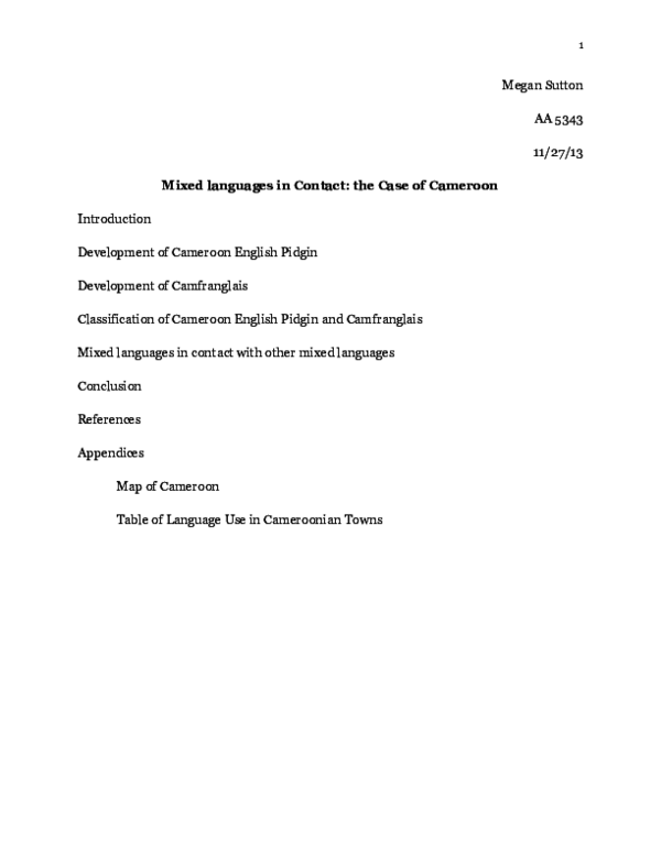 (PDF) Mixed Languages in Contact: The Case of Cameroon