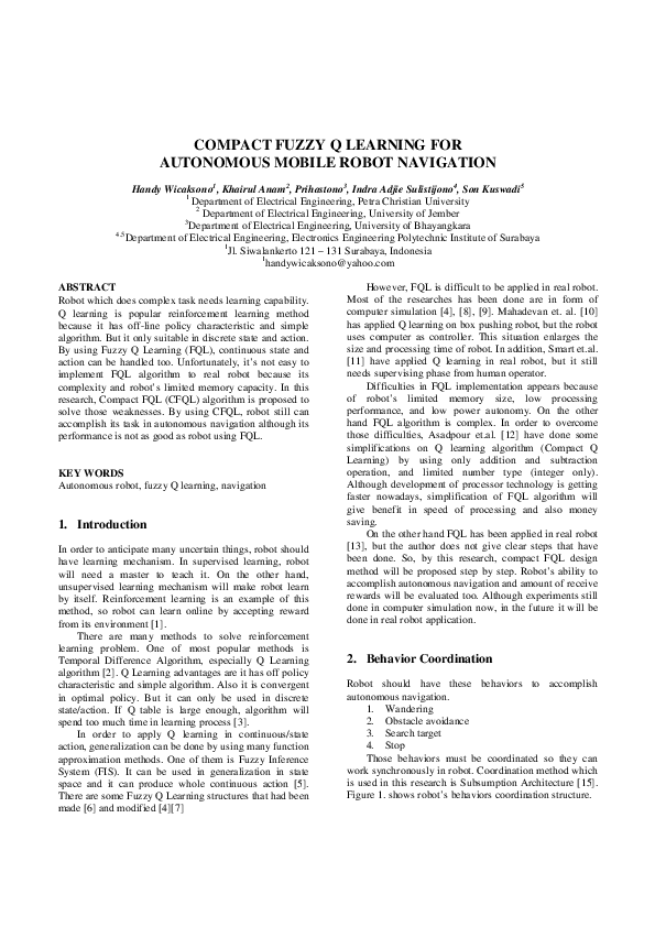 (PDF) COMPACT FUZZY Q LEARNING FOR AUTONOMOUS MOBILE ROBOT NAVIGATION