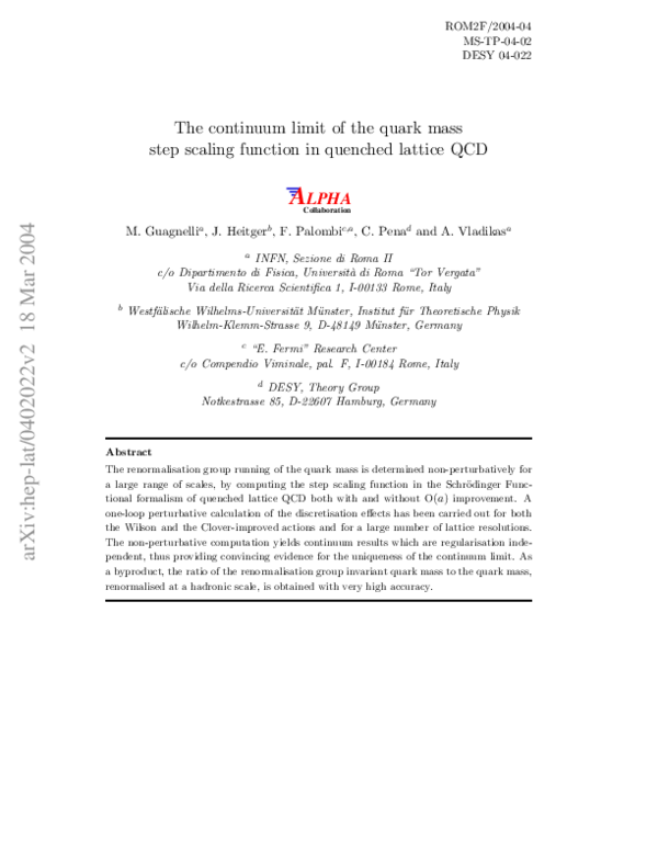 (PDF) The continuum limit of the quark mass step scaling function in quenched lattice QCD