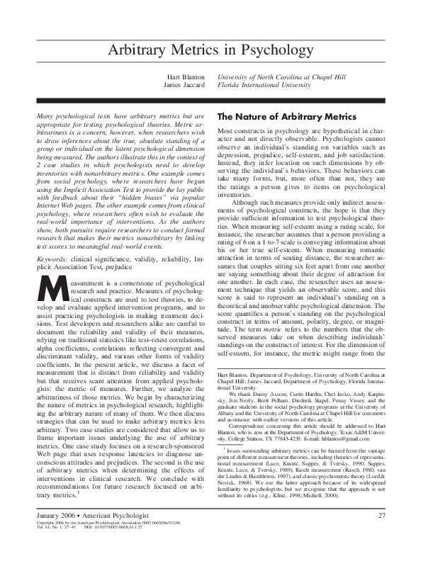 (PDF) Arbitrary Metrics in Psychology | Hart Blanton - Academia.edu