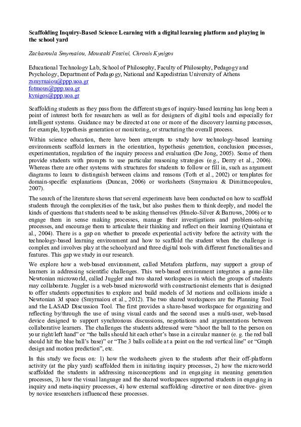 (PDF) Scaffolding Inquiry-Based Science Learning with a digital learning platform and playing in ...