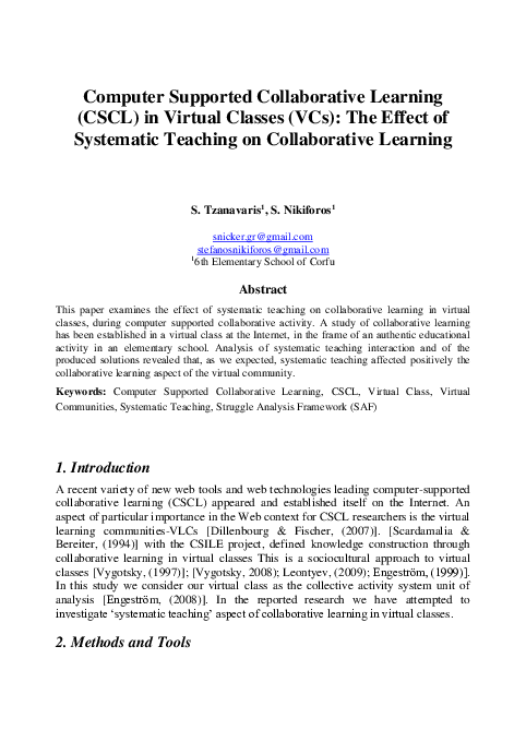 Pdf Computer Supported Collaborative Learning Cscl In Virtual Classes Vcs The Effect Of