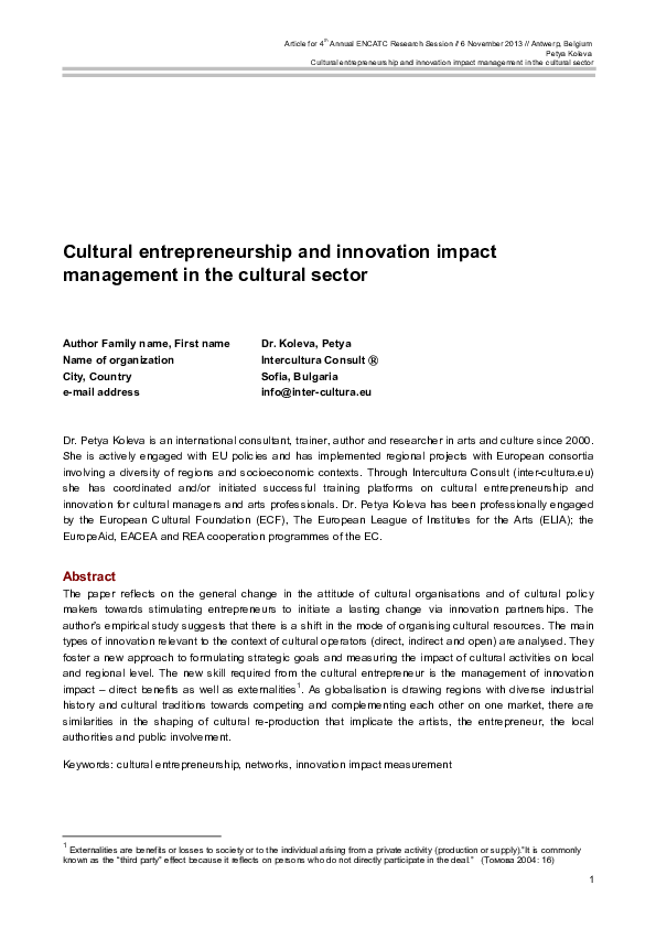 (PDF) Cultural entrepreneurship and innovation Management in the ...