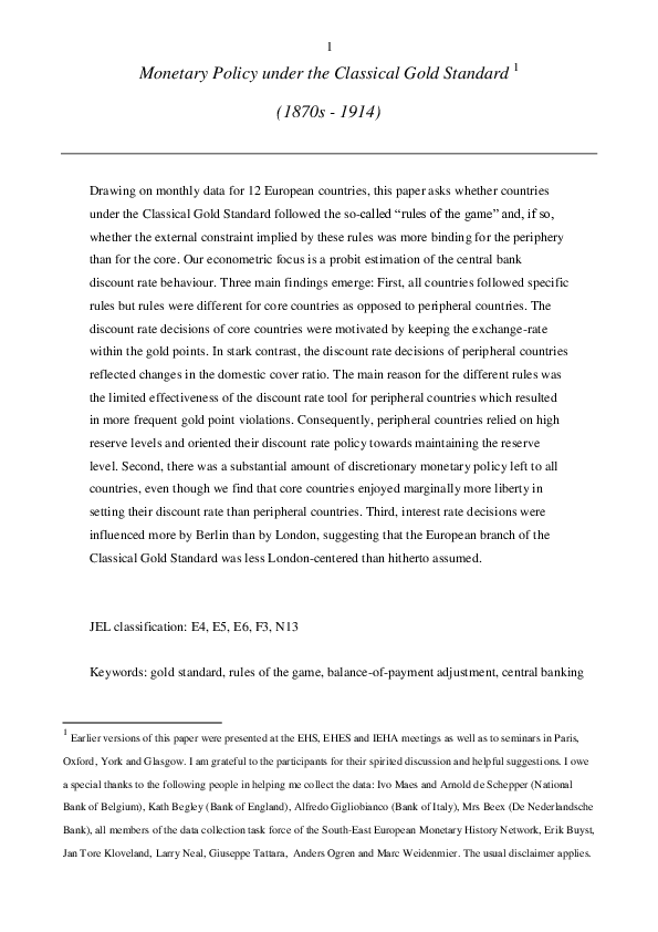 (PDF) Monetary Policy under the Classical Gold Standard