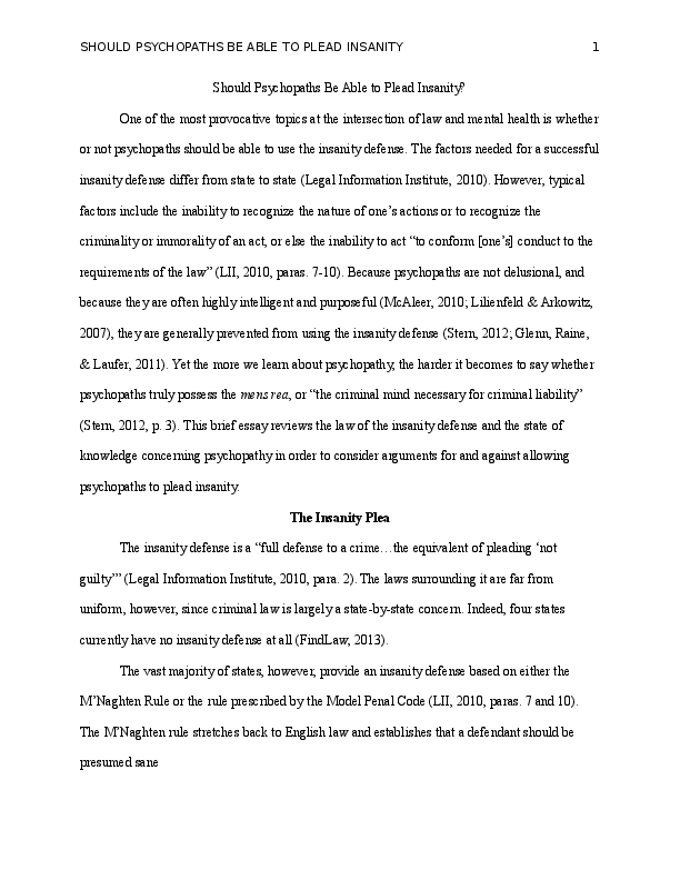 (DOC) Should Psychopaths be able to Plead Insanity?