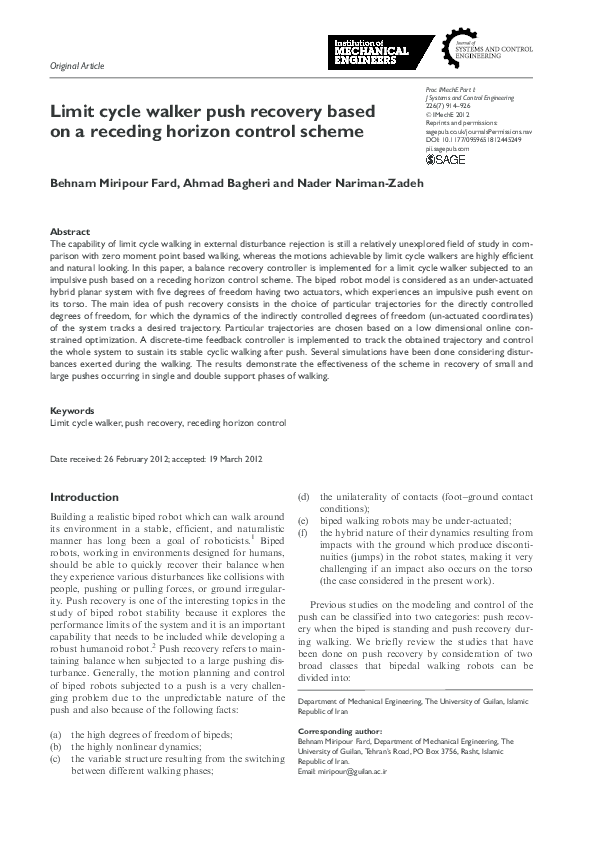Pdf Limit Cycle Walker Push Recovery Based On A Receding Horizon Control Scheme