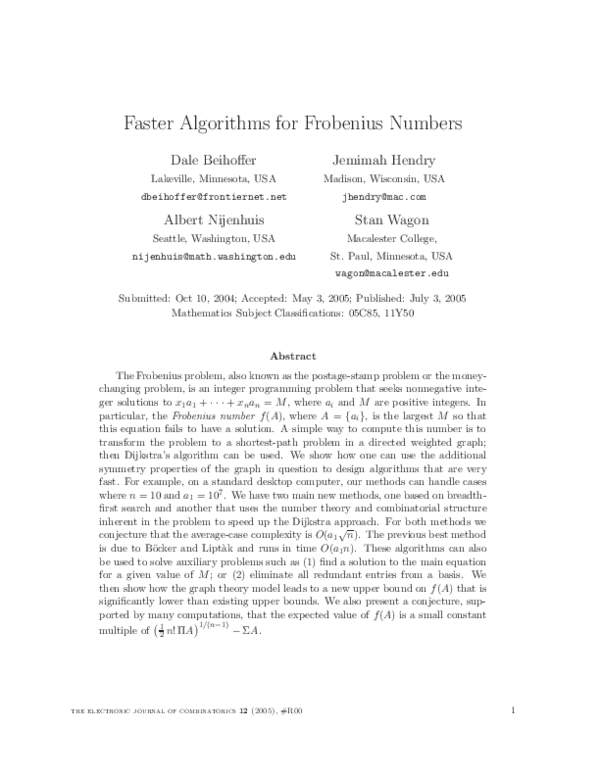 Pdf Faster Algorithms For Frobenius Numbers Bfd David