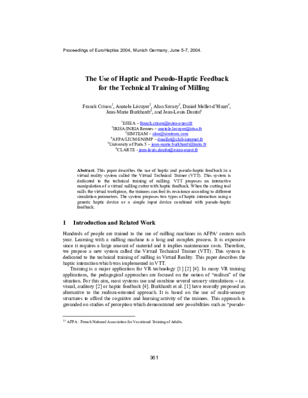 Pdf The Use Of Haptic And Pseudo Haptic Feedback For The Technical