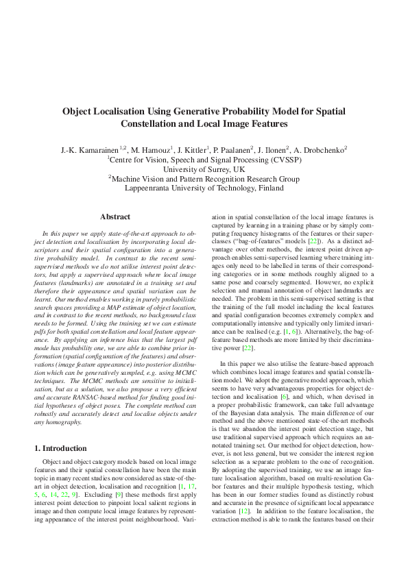 (PDF) Object Localisation Using Generative Probability Model for Spatial Constellation and Local ...