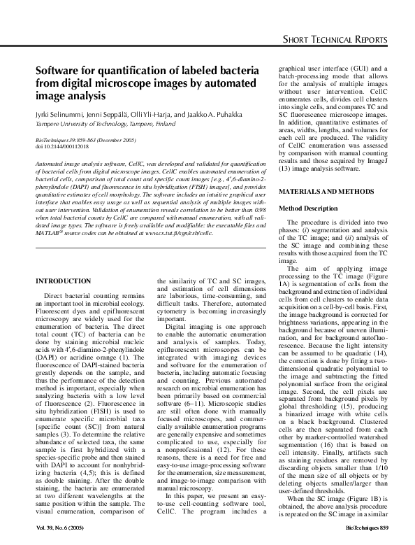 (PDF) Software for quantification of labeled bacteria from digital microscope images by ...