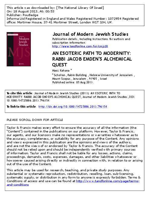(PDF) An Esoteric Path to Modernity: Rabbi Jacob Emden's Alchemical Quest
