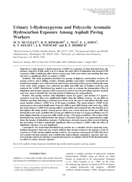(PDF) Urinary 1-Hydroxypyrene and Polycyclic Aromatic Hydrocarbon Exposure Among Asphalt Paving ...