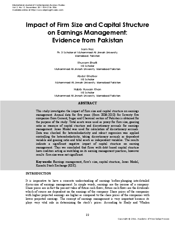 (PDF) Impact of Firm Size and Capital Structure on Earnings Management: Evidence from Pakistan