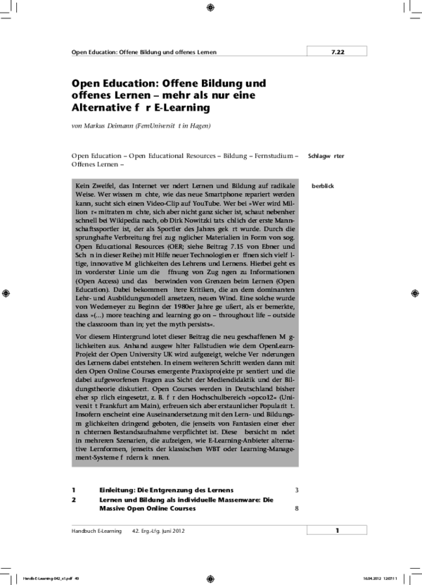 (PDF) Open Education: Offene Bildung und offenes Lernen – mehr als nur ...