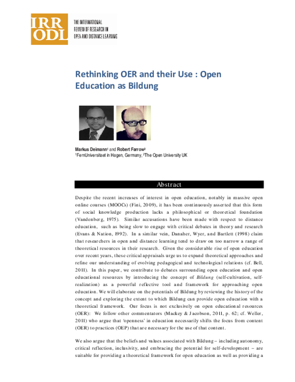 (PDF) Rethinking OER and their Use : Open Education as Bildung