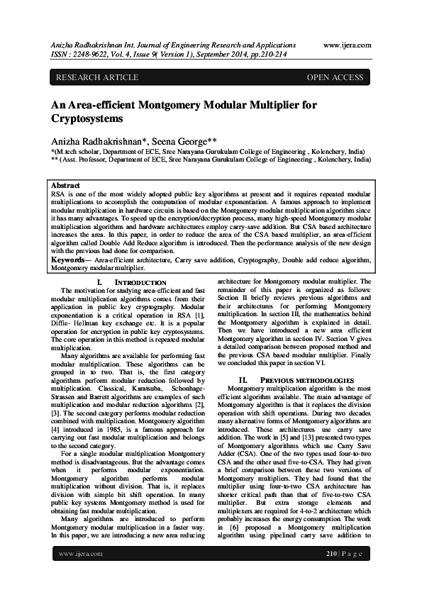 Pdf An Area Efficient Montgomery Modular Multiplier For Cryptosystems 