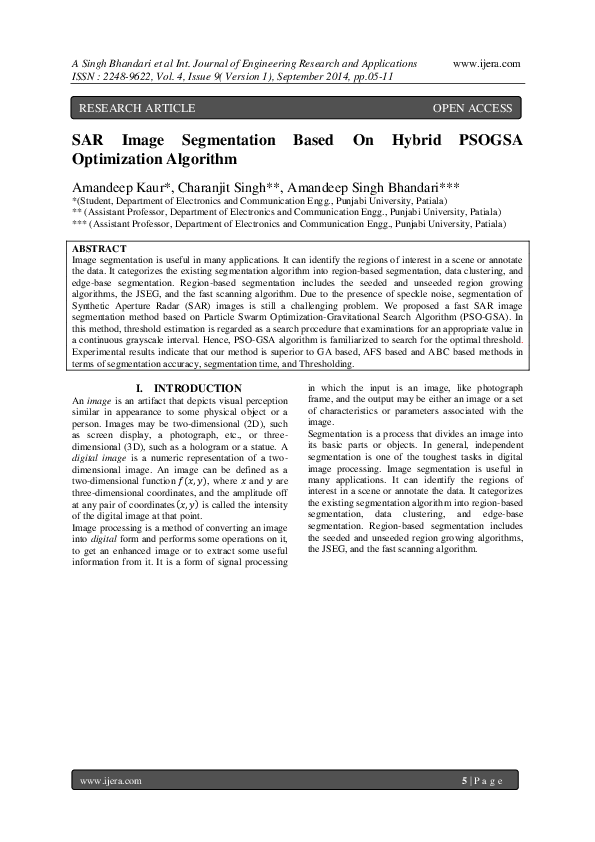 Pdf Sar Image Segmentation Based On Hybrid Psogsa Optimization Algorithm