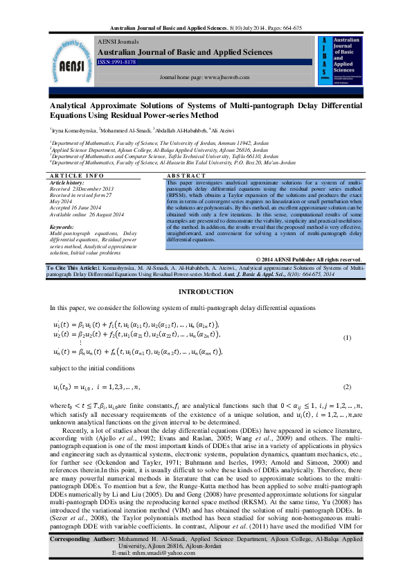 (PDF) Analytical Approximate Solutions of Systems of Multi-pantograph Delay Differential ...