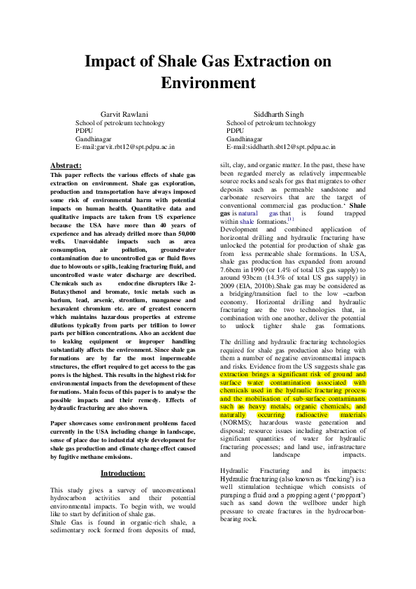 (PDF) Impact of Shale Gas Extraction on Environment
