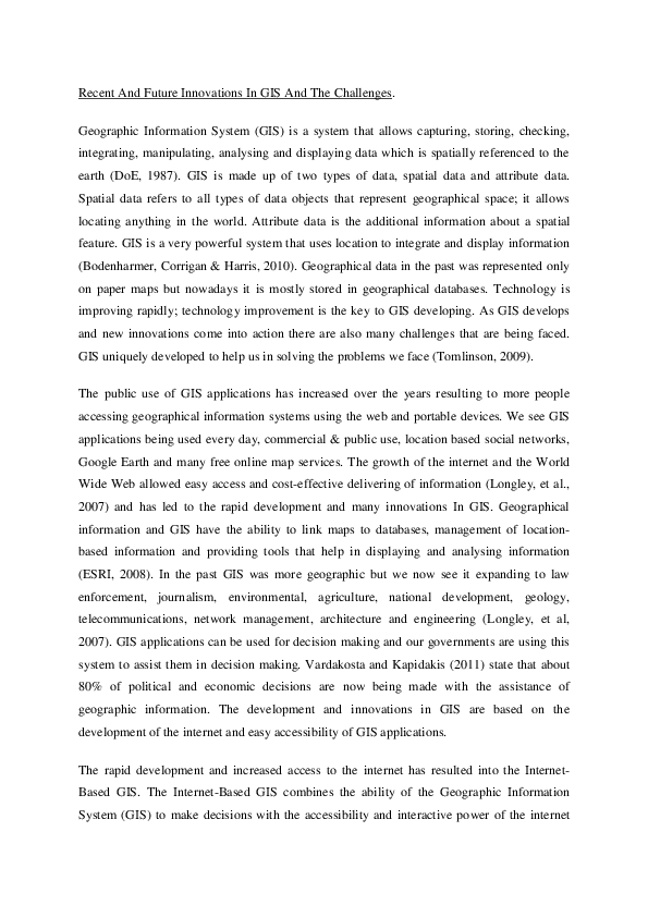 (DOC) Recent and future innovations in GIS (Essay)