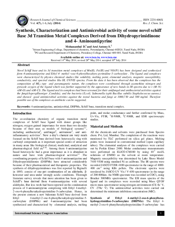 Synthesis, Characterization and Antimicrobial activity of some novel schiff Base 3d Transition ...