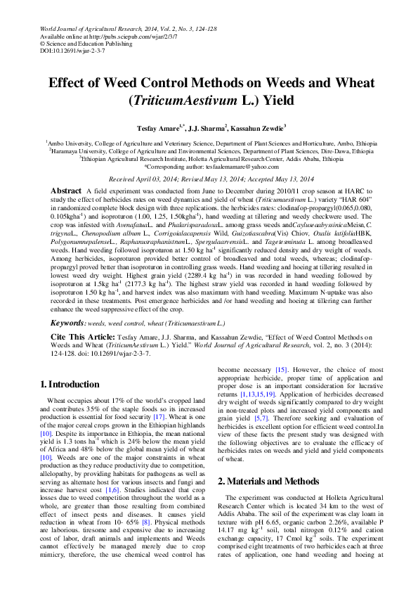 Pdf Effect Of Weed Control Methods On Weeds And Wheat