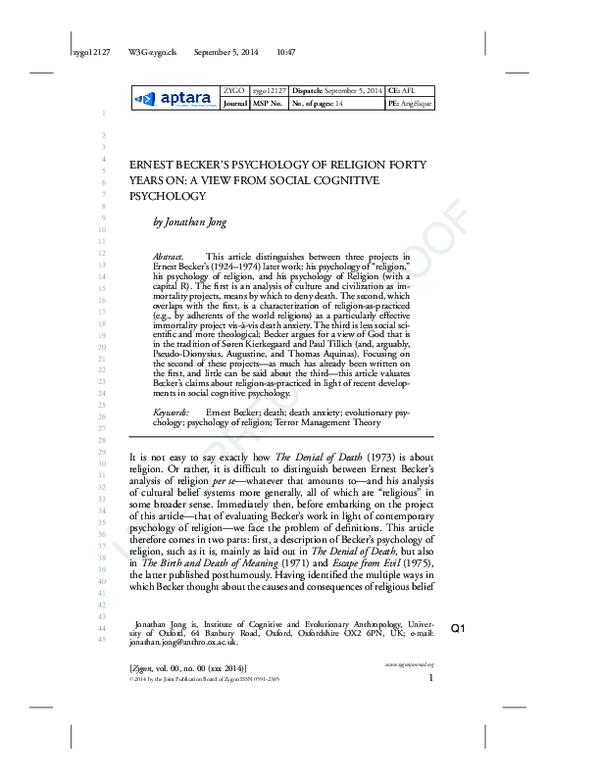 (PDF) Ernest Becker's Psychology of Religion Forty Years On: A View ...