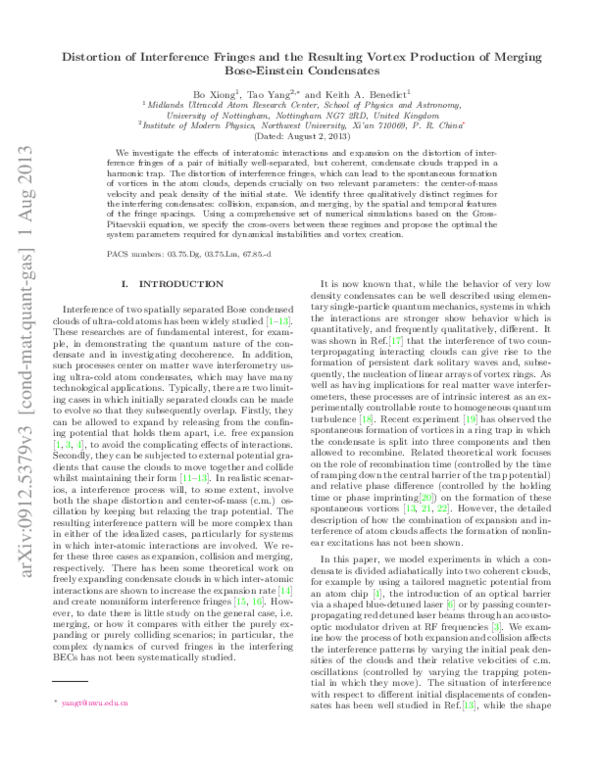 Pdf Distortion Of Interference Fringes And The Resulting Vortex Production Of Merging Bose