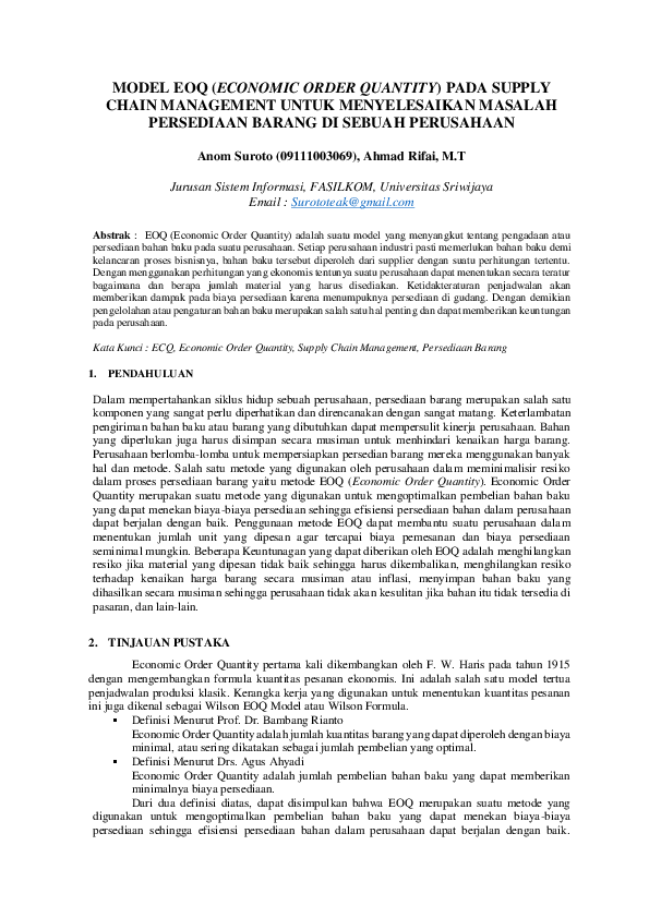(PDF) MODEL EOQ (ECONOMIC ORDER QUANTITY) PADA SUPPLY CHAIN MANAGEMENT ...