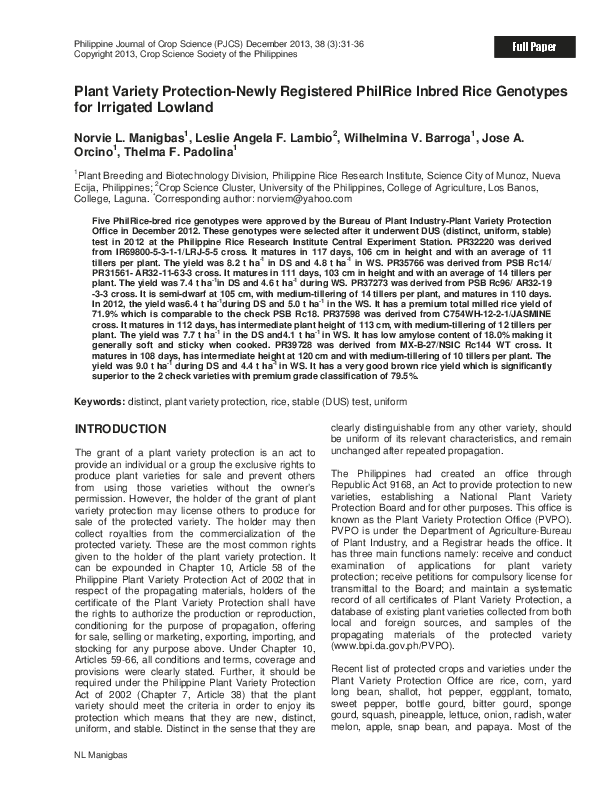 (PDF) Plant Variety Protection-Newly Registered PhilRice Inbred Rice ...