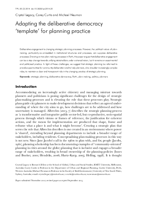 (PDF) Adapting the Deliberative Democracy ‘template’ for Planning Practice