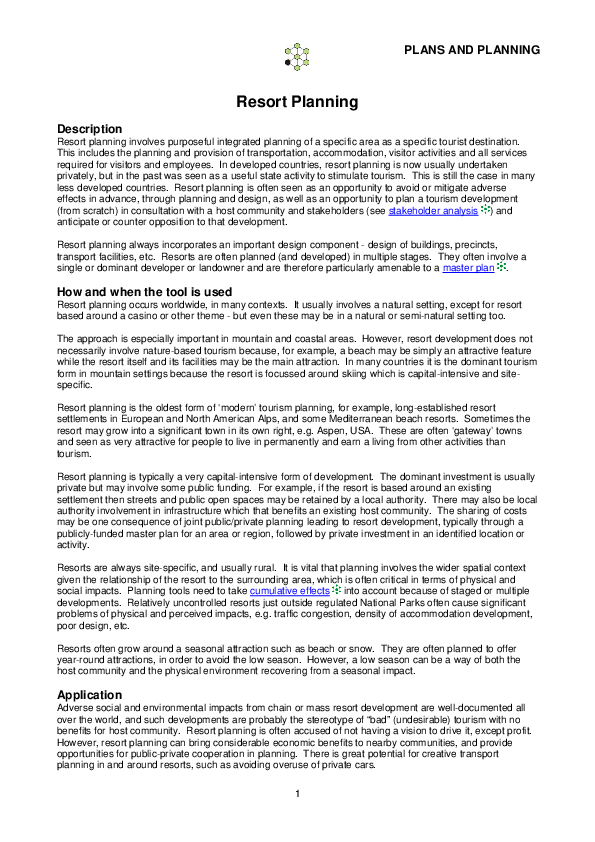 (PDF) PLANS AND PLANNING 1 Resort Planning