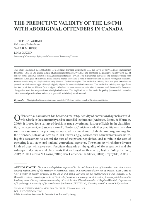 (PDF) The Predictive Validity of the LS/CMI With Aboriginal Offenders ...