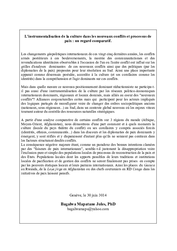 (PDF) L'instrumentalisation de la culture dans les nouveaux conflits et processus de paix : un ...
