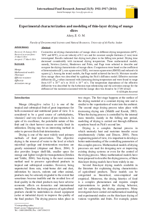 (PDF) Experimental characterization and modeling of thin-layer drying of mango slices
