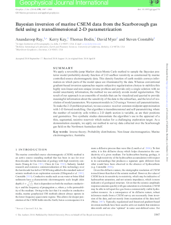 Bayesian inversion of marine CSEM data from the Scarborough gas field using a transdimensional 2 ...