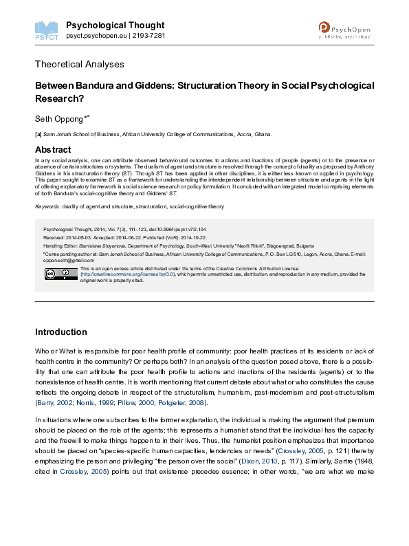 (PDF) Between Bandura and Giddens: Structuration Theory in Social ...